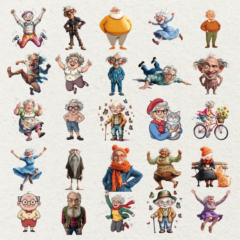 Funny Elderly Characters Clipart Bundle 300 DPI PNG - Etsy