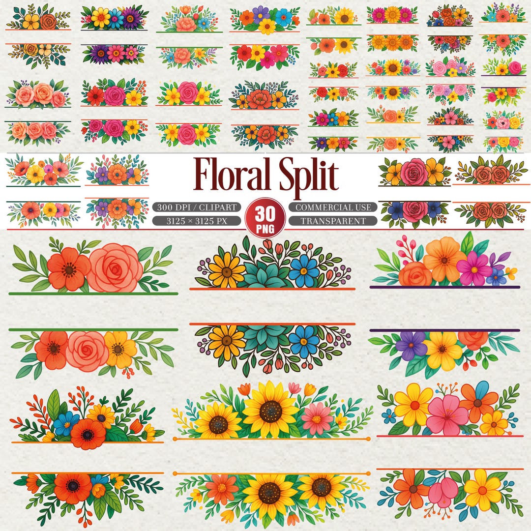 Floral Split Clipart Bundle 30 PNG Transparent Commercial Use - Etsy