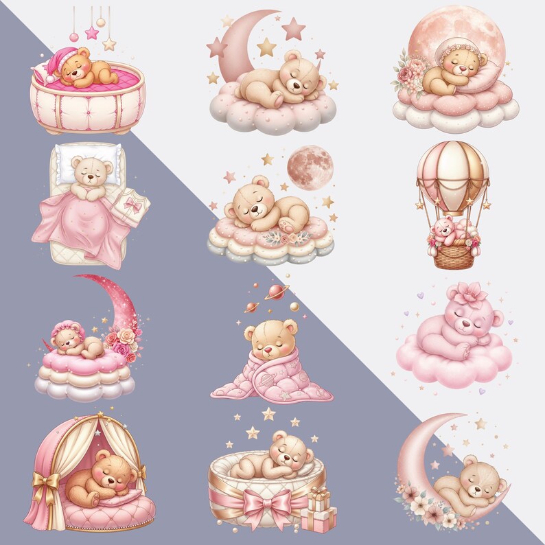 Pink Sleepy Teddy Baby Bears PNG Clipart Bundle - Etsy