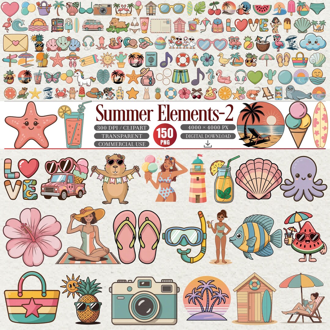Summer Elements Clipart Bundle PNG Set 150 Designs - Etsy