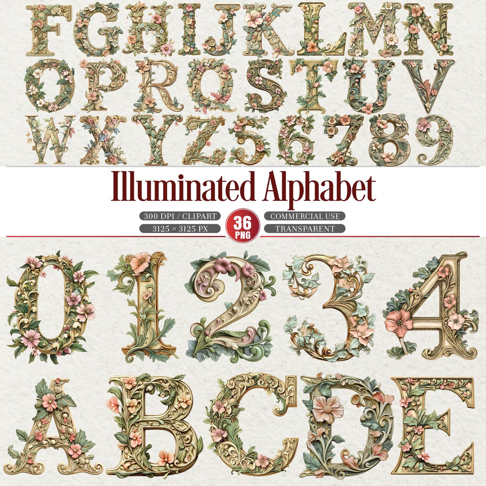 Elegant Vintage Floral Alphabet Clipart Png Set - Illuminated Letters ...