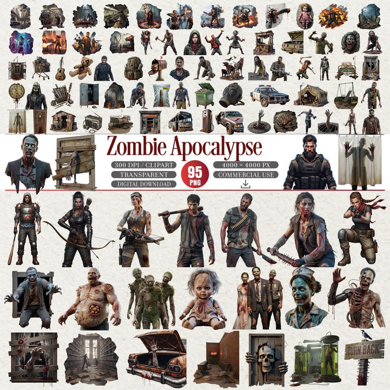 Zombie Apocalypse Clipart Bundle PNG Transparent Set 95 Designs - Etsy