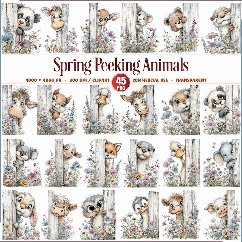 Spring Peeking Animals Clipart, Watercolor Farm Animal PNG Bundle ...