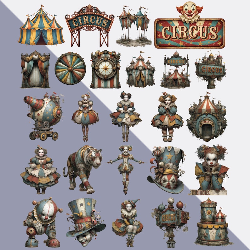 Vintage Circus Clipart Dark Carnival Characters PNG - Etsy