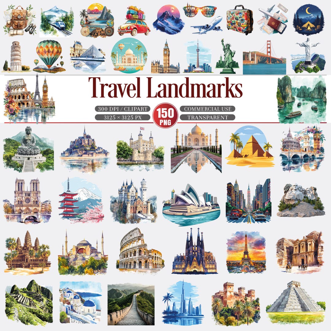 Travel Landmarks Clipart Bundle World Monuments 150 PNG - Etsy