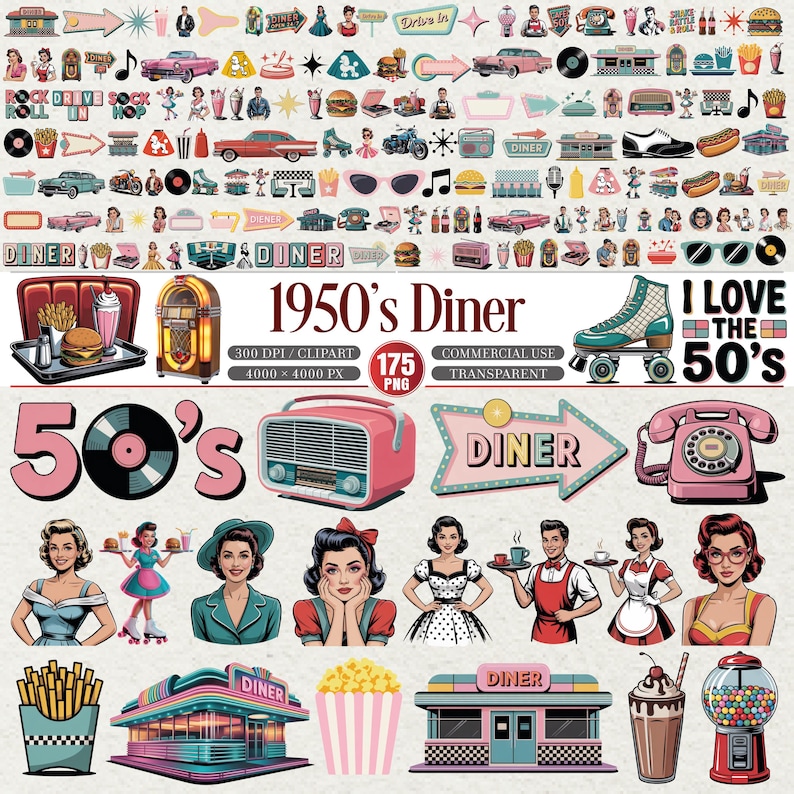1950s Diner Retro Clipart Bundle PNG 300 DPI - Etsy Canada