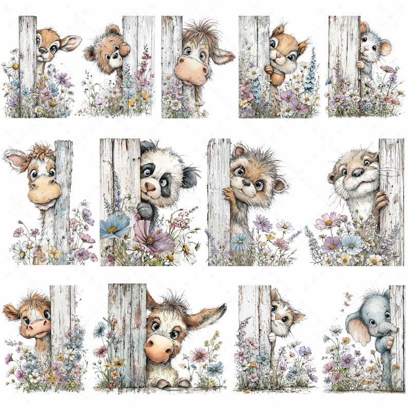 Spring Peeking Animals Clipart, Watercolor Farm Animal PNG Bundle ...