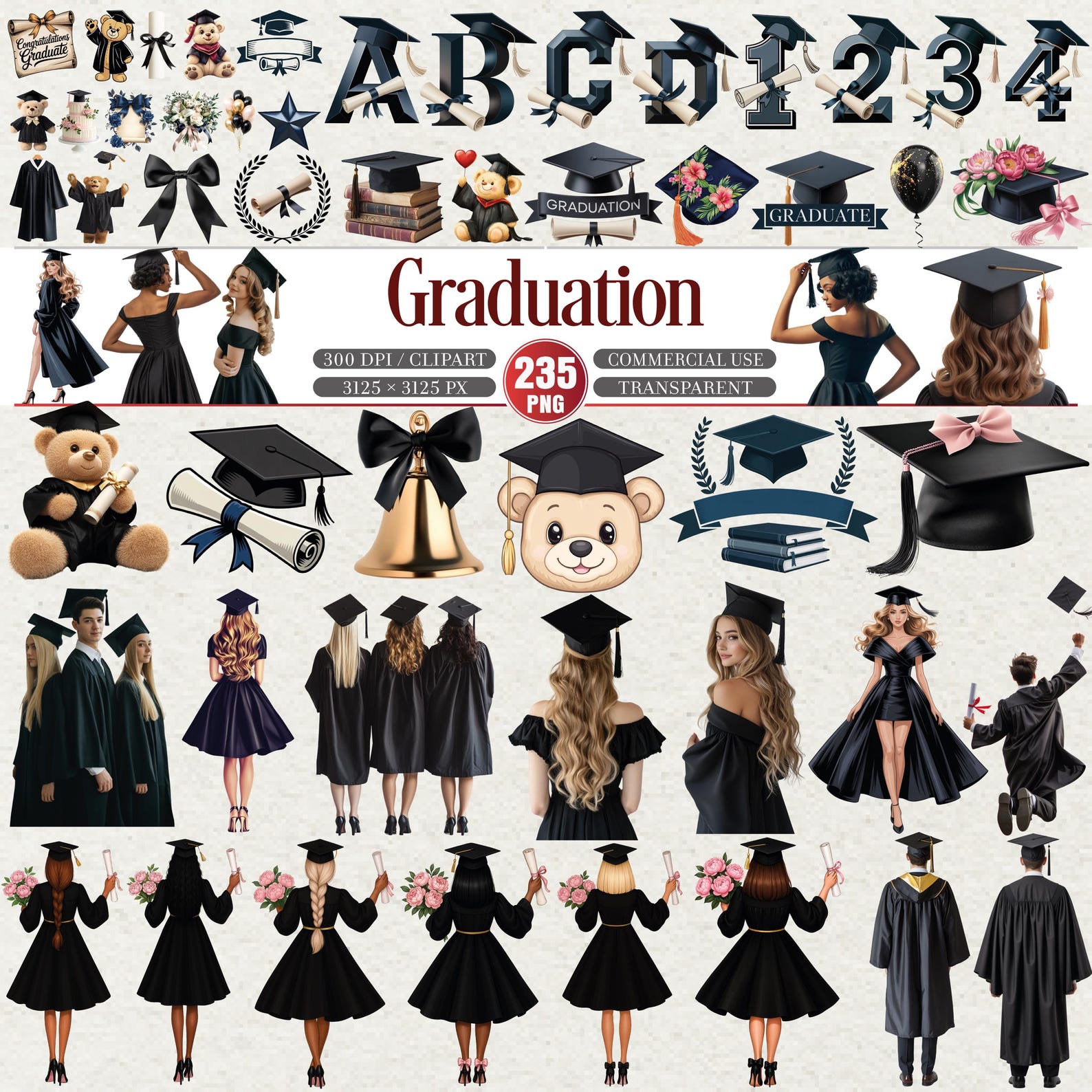 Graduation Clipart Bundle Caps Gowns Diploma Alphabet PNG - Etsy