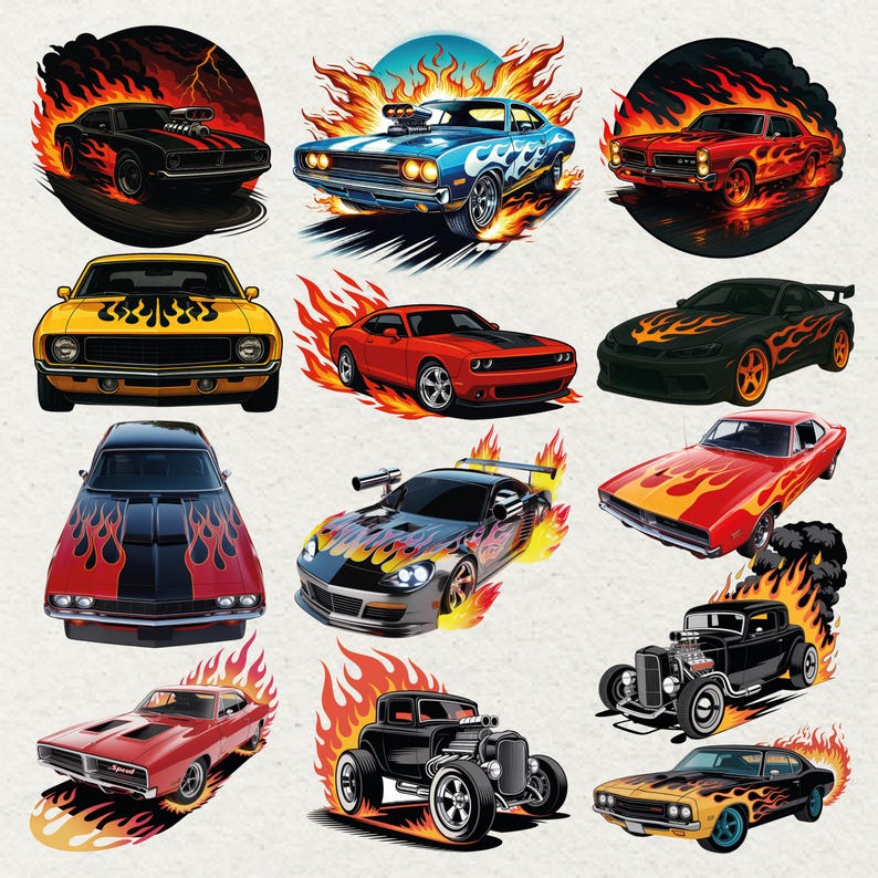 Hot Cars Clipart Bundle 55 PNG Flame Muscle Car Art - Etsy