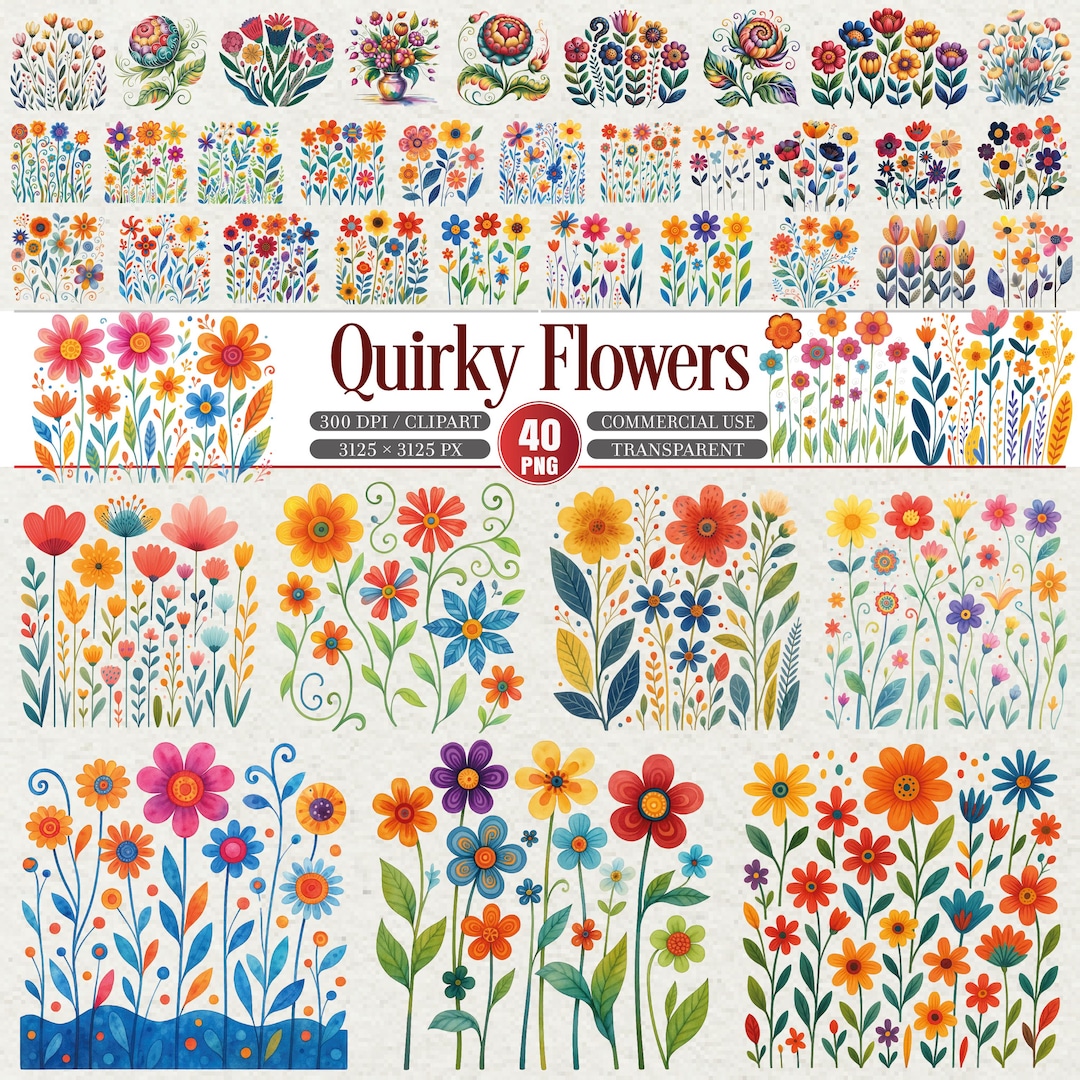 Quirky Flowers Clipart Bundle 40 PNG Transparent Commercial Use - Etsy