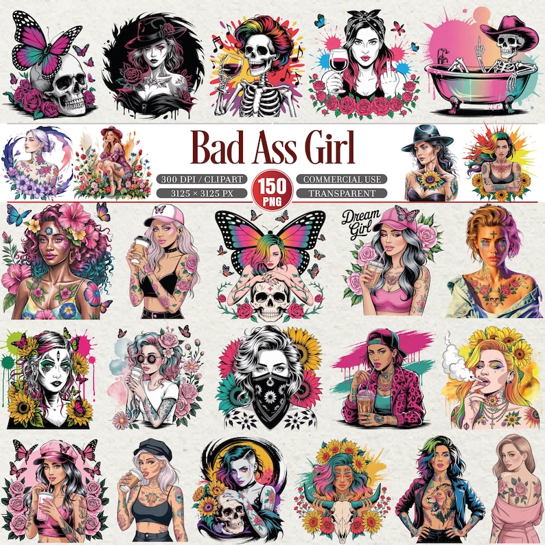 Bad Ass Girl PNG Clipart Bundle With Tattoo Art Set - Etsy