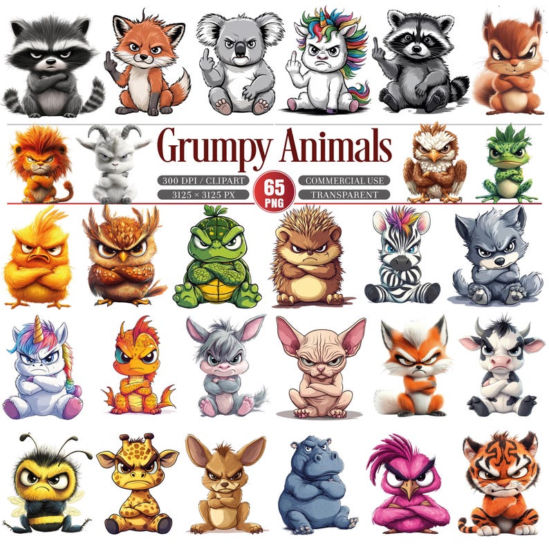 Grumpy Animals Clipart Bundle 65 PNG Angry Cartoon Characters - Etsy