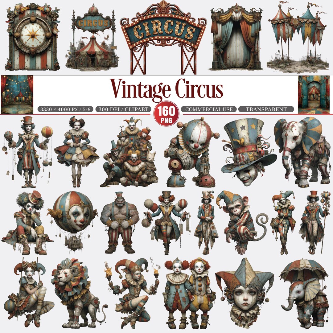 Vintage Circus Clipart Dark Carnival Characters PNG - Etsy