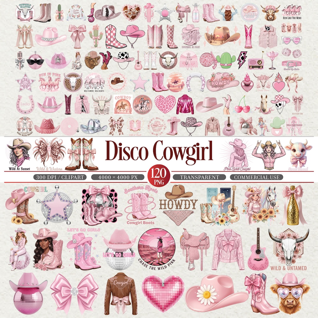 Disco Cowgirl Western Pink Clipart Set for Designers 300 Dpı Png - Etsy