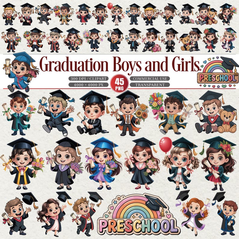 Preschool Graduation Boys and Girls Clipart PNG Set - Etsy