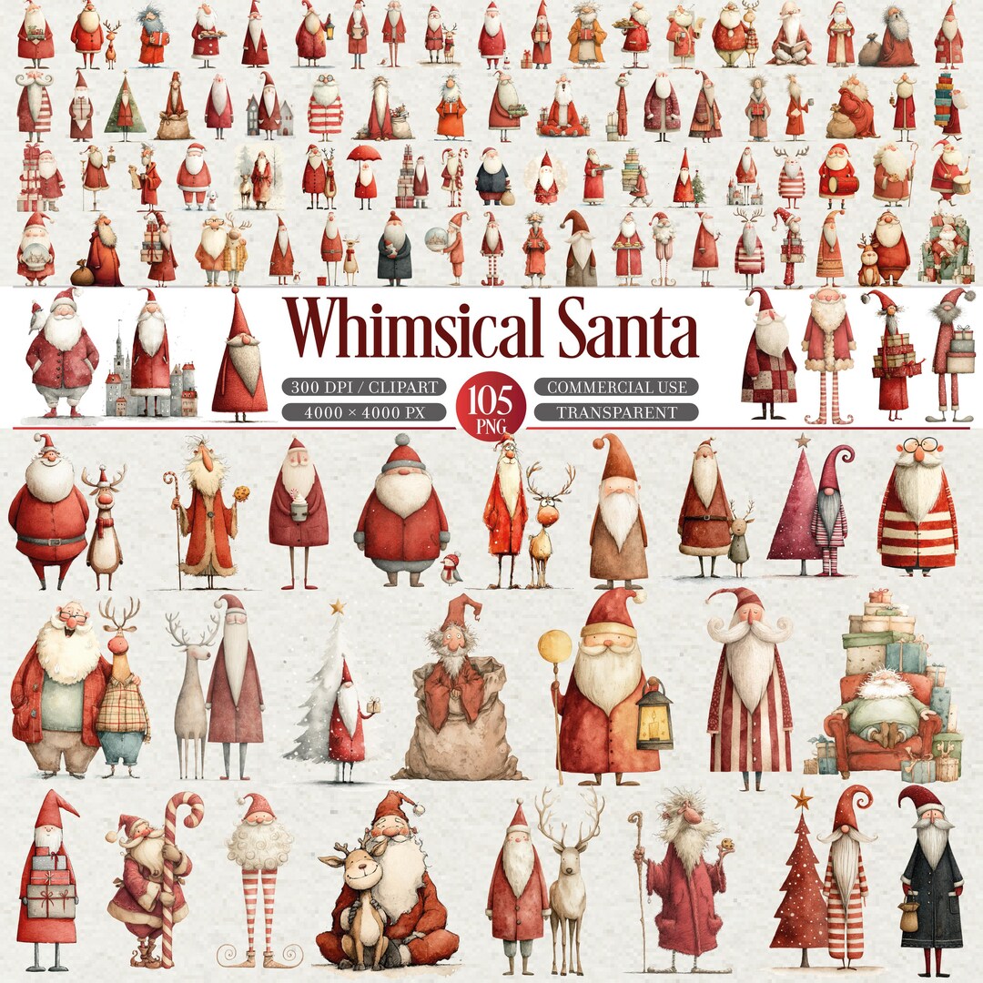 Whimsical Santa Christmas Clipart Bundle PNG Set - Etsy