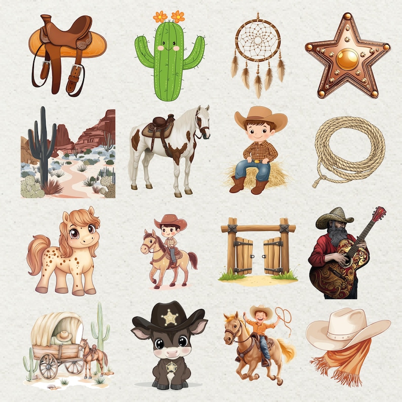 Kids Cowboy Clipart Western Children Ranch Illustration Bundle 175 PNG ...