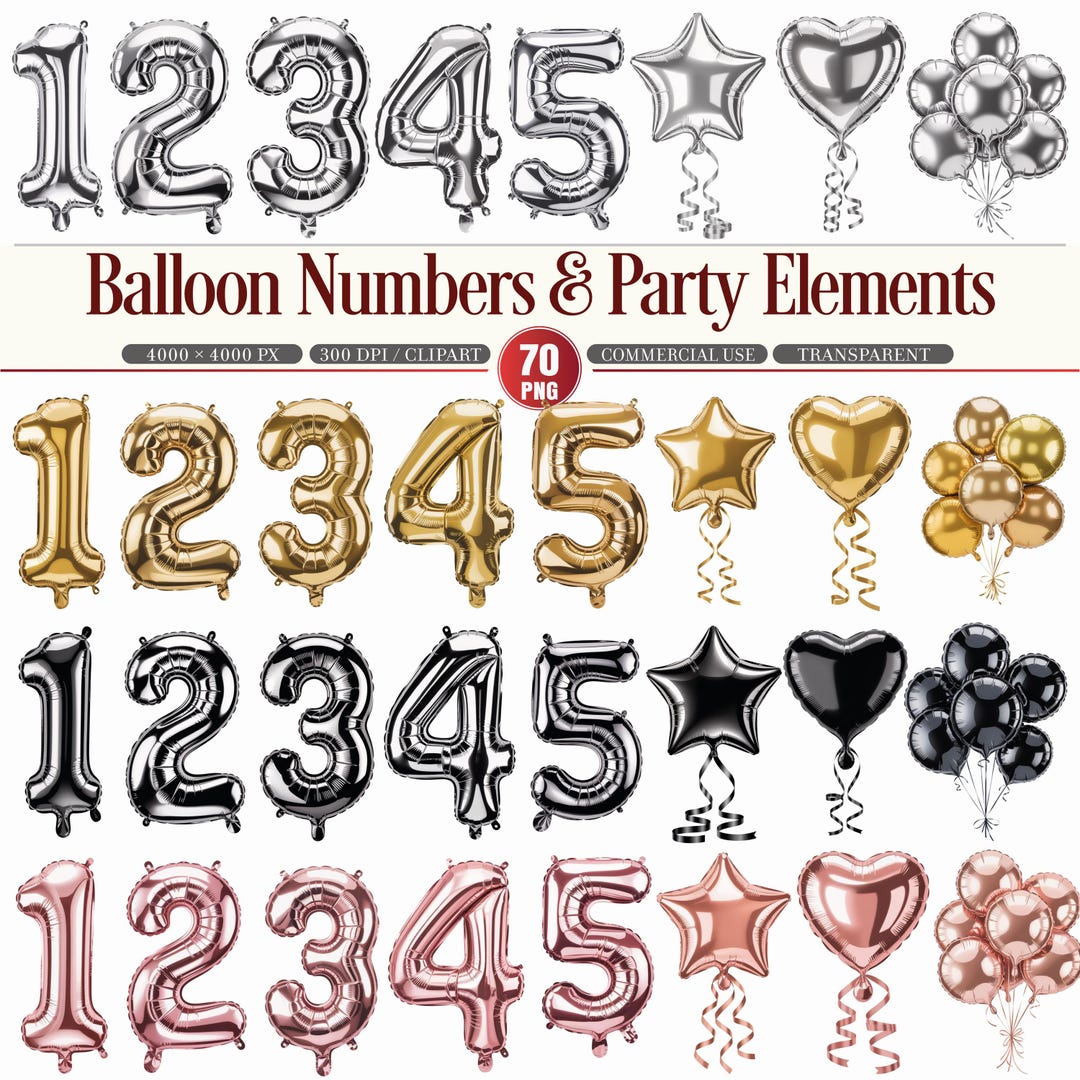 Foil Balloon Numbers PNG Clipart Party Decorations Set - Etsy
