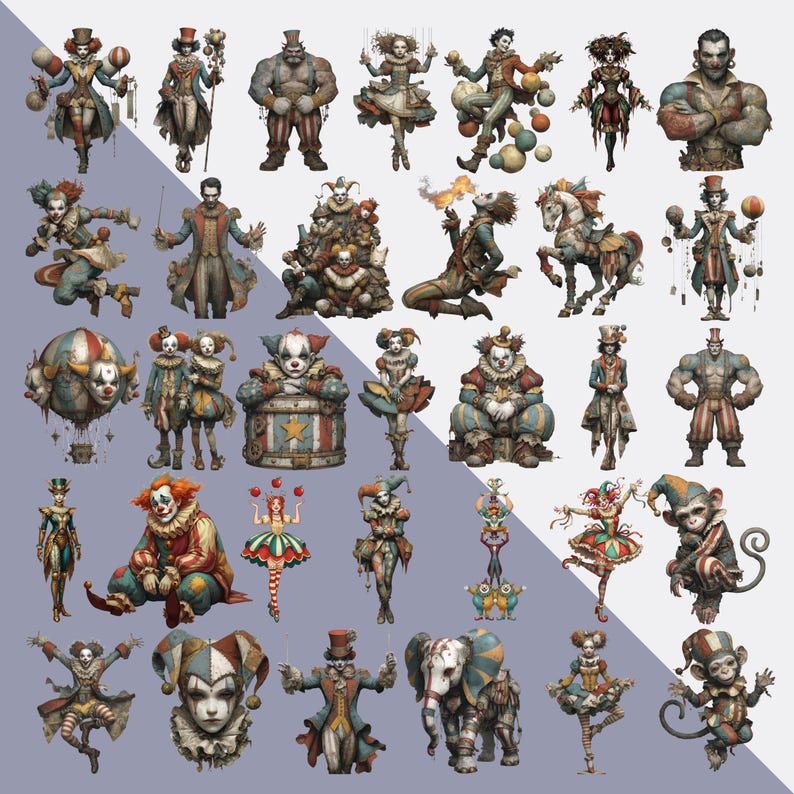 Vintage Circus Clipart Dark Carnival Characters PNG - Etsy