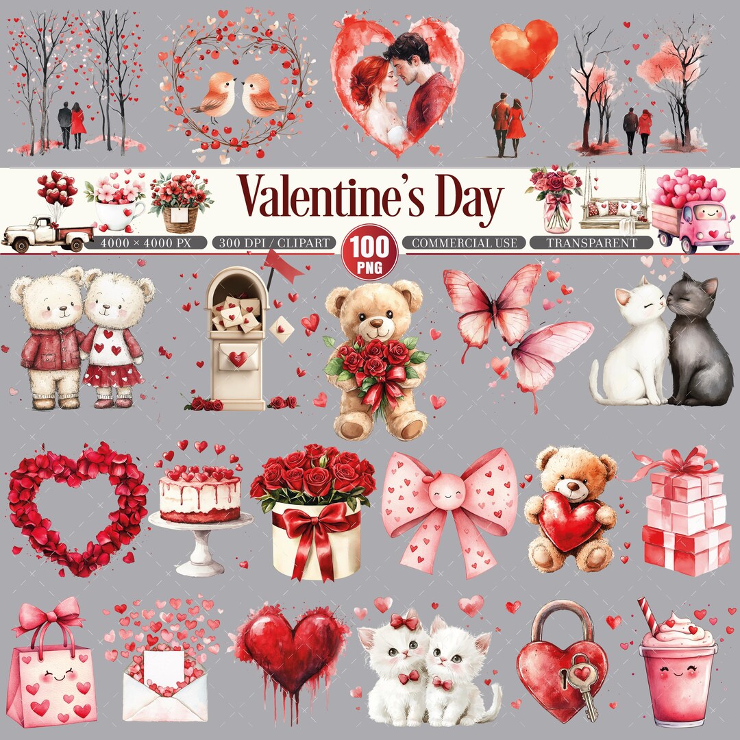 Valentine’s Day Watercolor Clipart Bundle PNG Transparent - Etsy