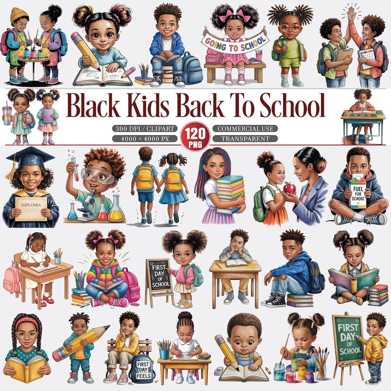 Black Kids Back to School Clipart Bundle 120 PNG Transparent - Etsy