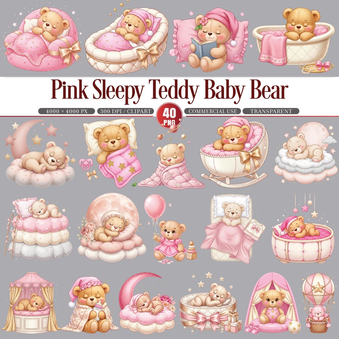 Pink Sleepy Teddy Baby Bears PNG Clipart Bundle - Etsy