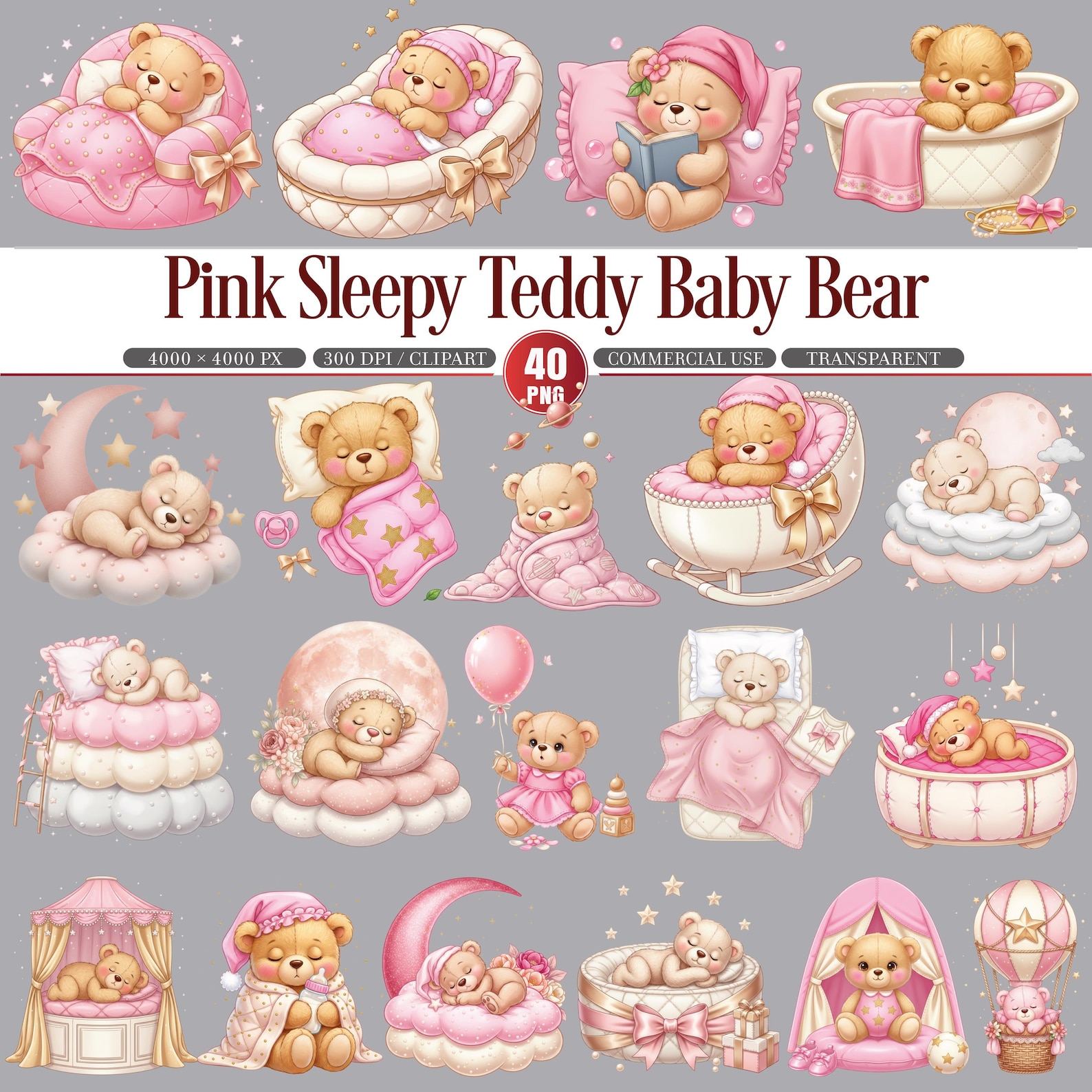 Pink Sleepy Teddy Baby Bears PNG Clipart Bundle - Etsy