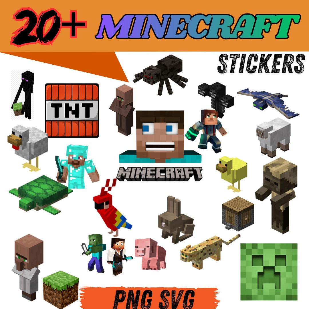 20+ Minecraft-inspired PNG Sticker Bundle | Game Style Mobs, Characters ...