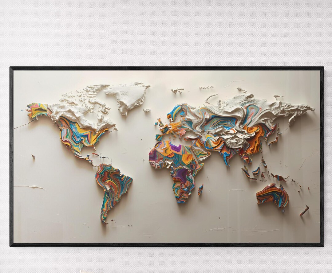 Printable Ebru Art World Map Colorfull, Wall Art, 5 Modern Home Decor ...