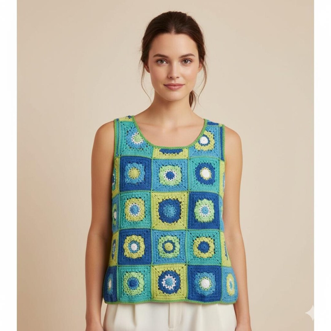 Sigrid Olsen Y2K Granny Square Crochet Tank Top Vest NWT Vintage Boho ...
