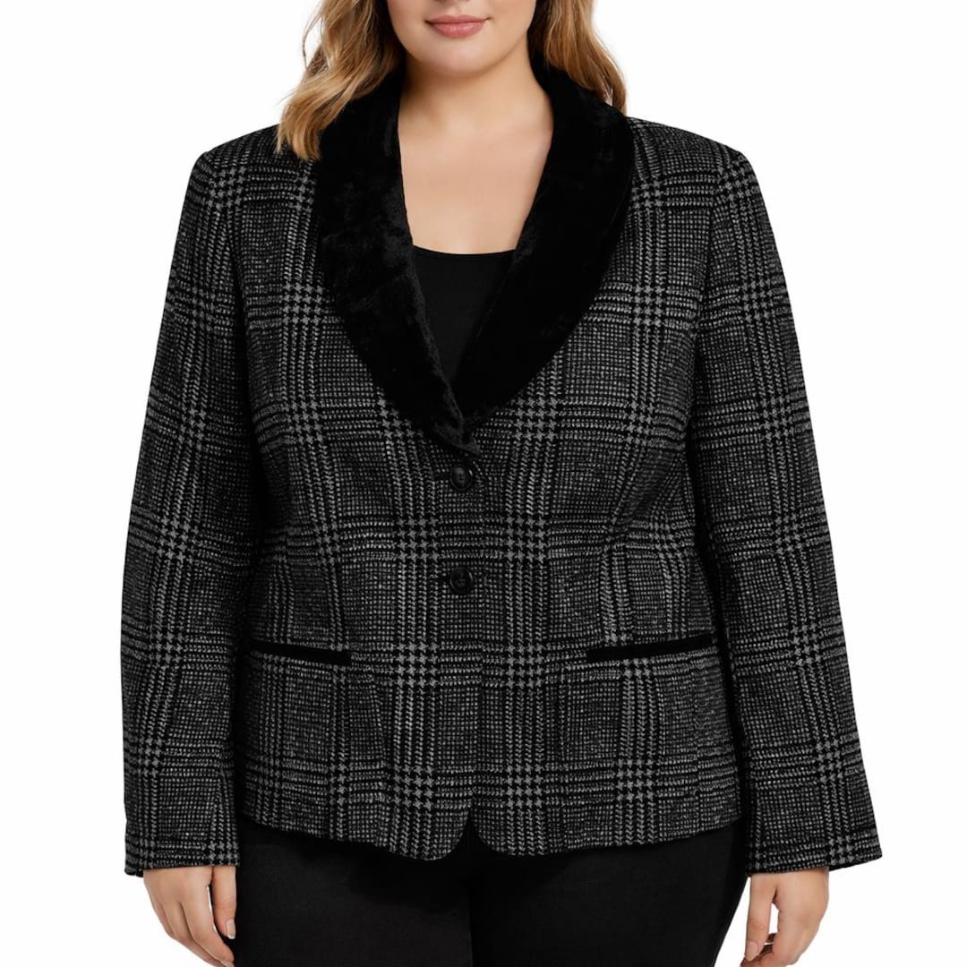 Vintage Y2K Basler Wool Blend Blazer Size 18 Black White Check Velvet ...