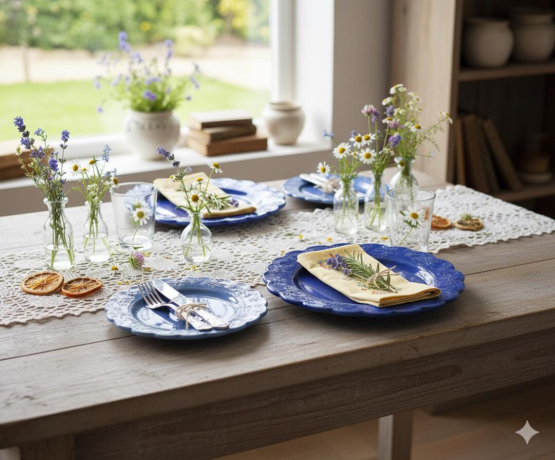 Set of 2 Food Network Fontinella Blue Plates, Scalloped Stoneware Salad ...
