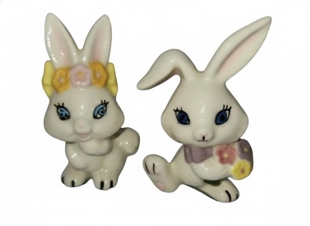 Vintage Lefton Style Bunny Figurines Pair • Kitsch Easter Rabbits ...