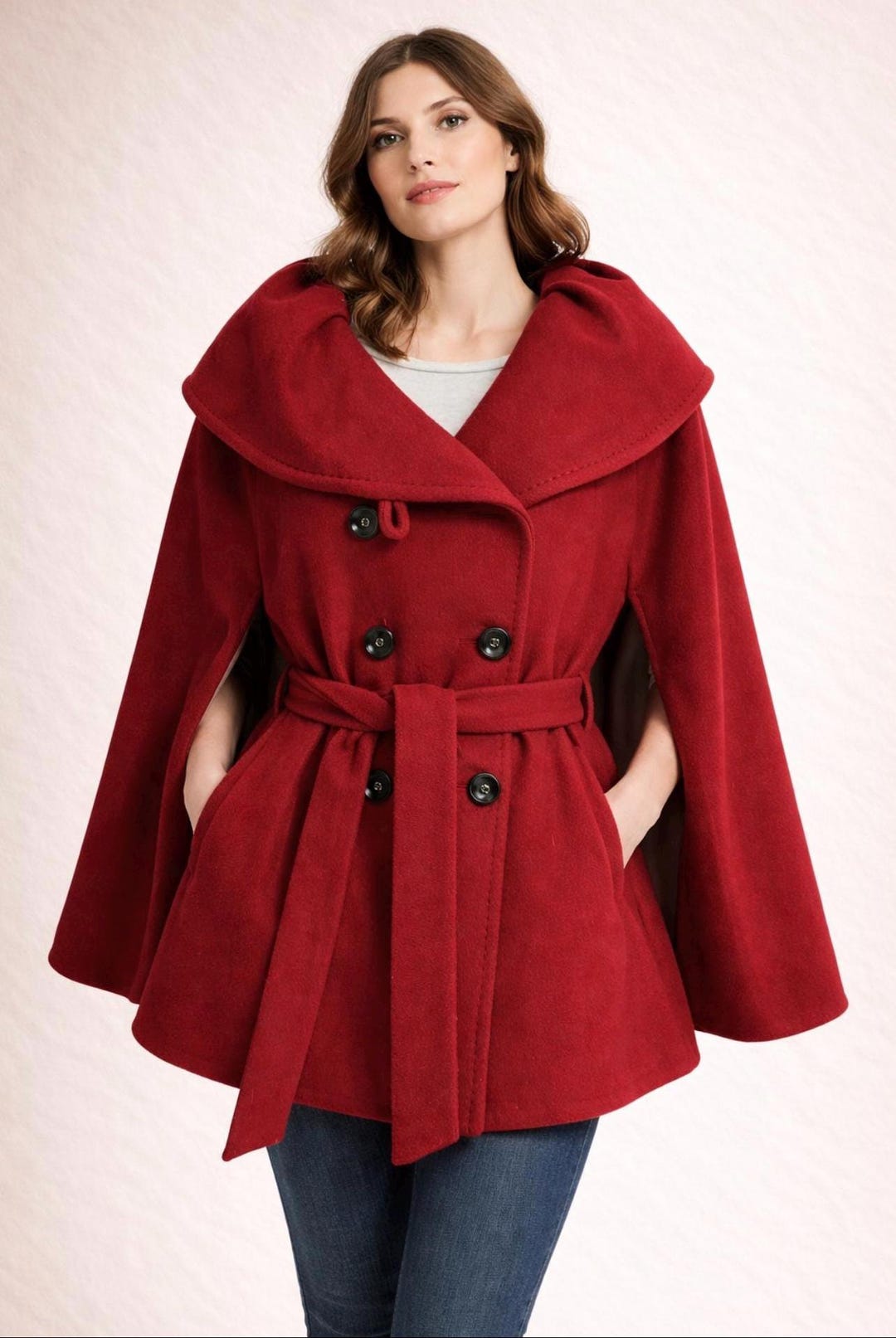 Calvin Klein Red Wool Blend Cape Coat Belted Short Jacket - Etsy