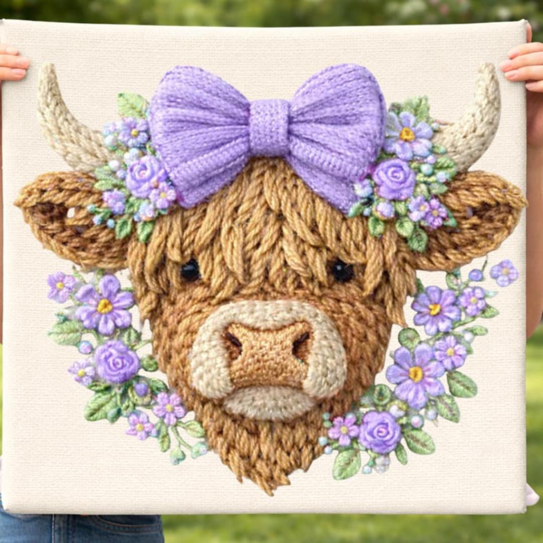 Highland Cow Coquette Faux Yarn PNG Purple Bow Floral Design - Etsy