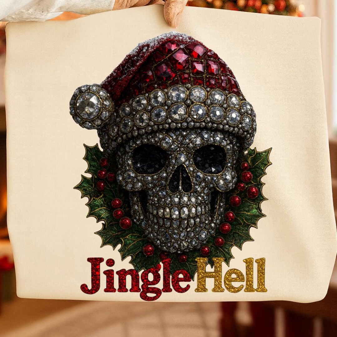 Jingle Hell Gothic Christmas Skull PNG Dark Rhinestone Spooky Holiday ...