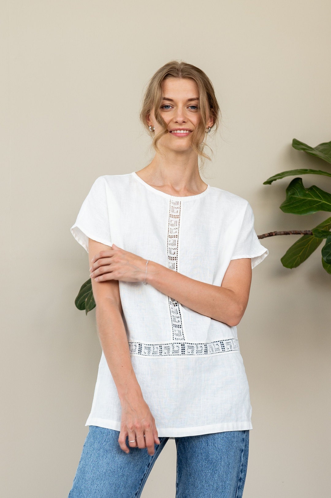Linen Natural Tunic Antique With Pure Linen Lace/ Linen Boho Blouse ...
