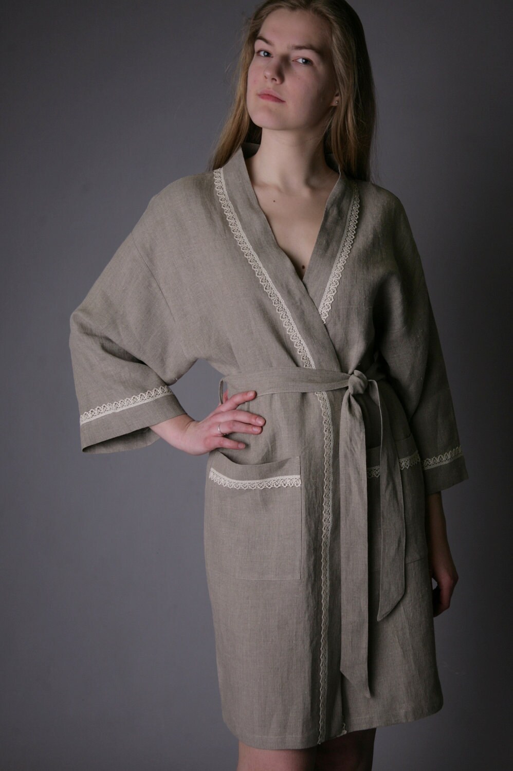 Linen Bath Robe Natural Genova / Night Robe Short Laced/ Flax - Etsy