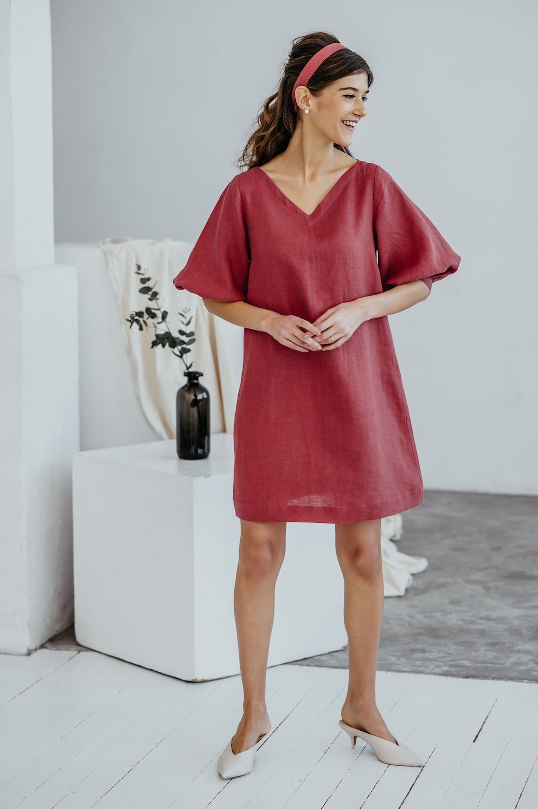 Red Linen Party Dress, Puffed Sleeve Cocktail Dress - Etsy