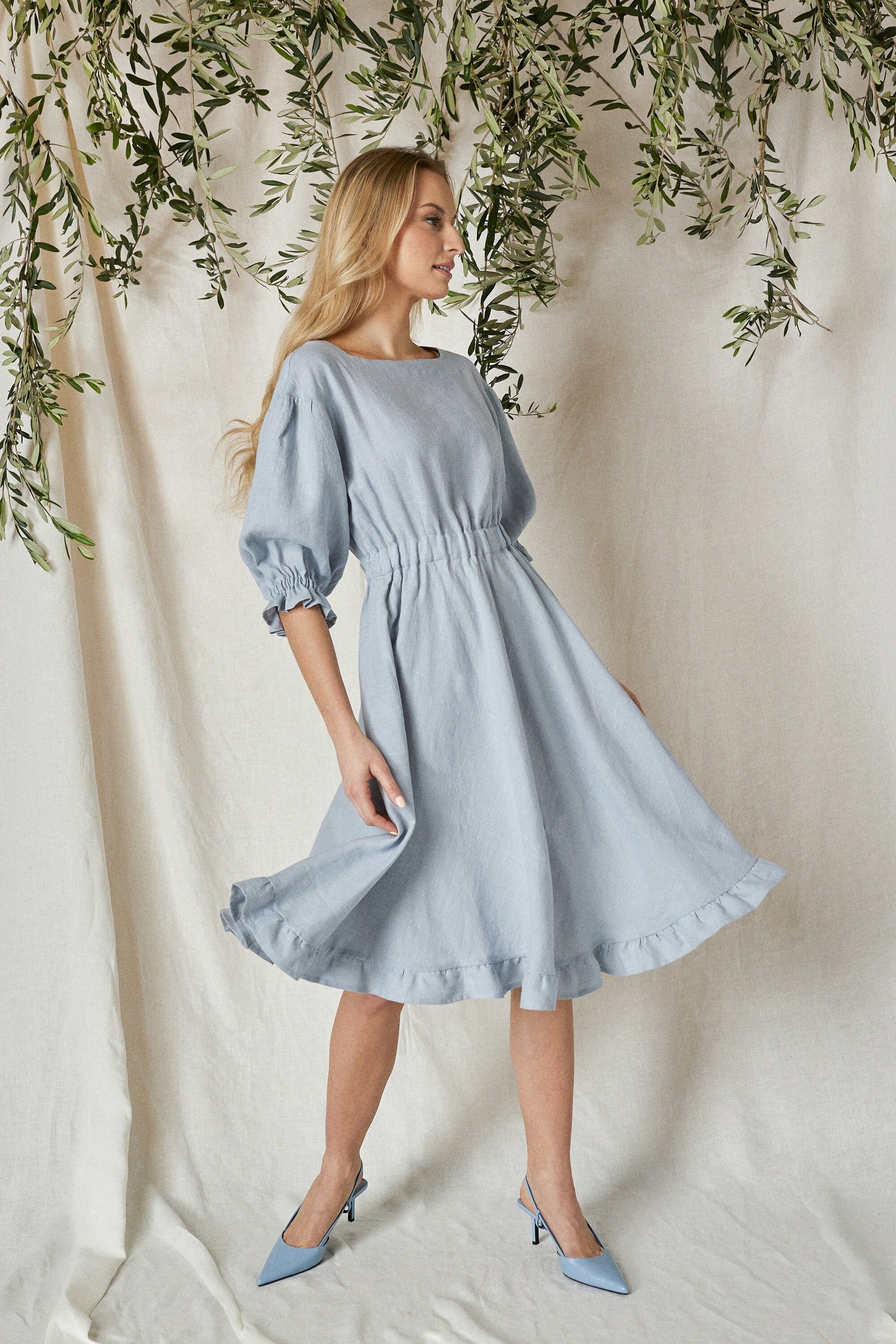 Ruffled Linen Midi Dress, Romantic Bridesmaid or Holiday Dress Romance ...
