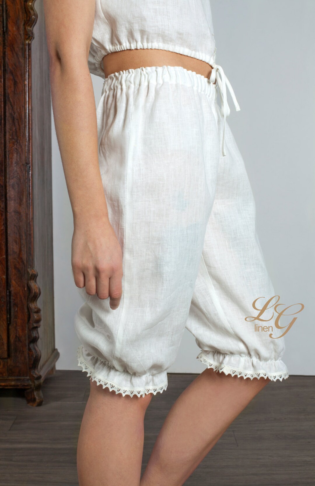 Linen White Bloomers ANASTASIA for Woman Knee Length/ Linen Cropped ...