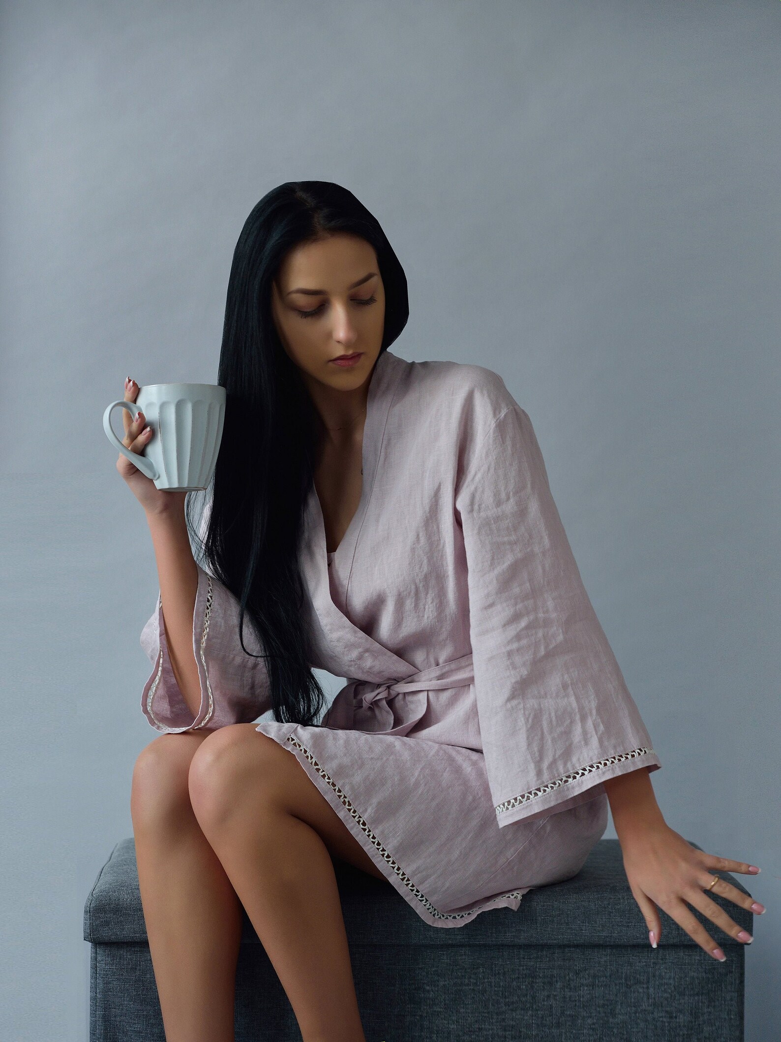 Linen Short Bath Robe Organic MONA / Night Gown Laced on - Etsy