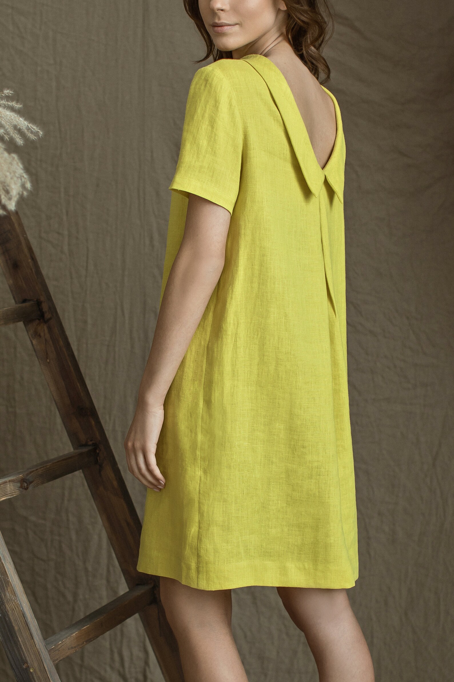 Linen Dress Eva With Open Back and Collar / Knee Length Dress - Etsy