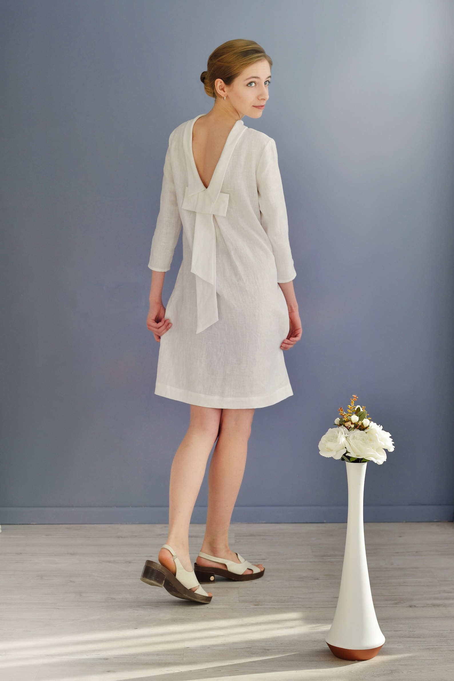 Linen Dress ALLEGRA With Bow at Back/linen Elegant Dress Midi/ Knee ...