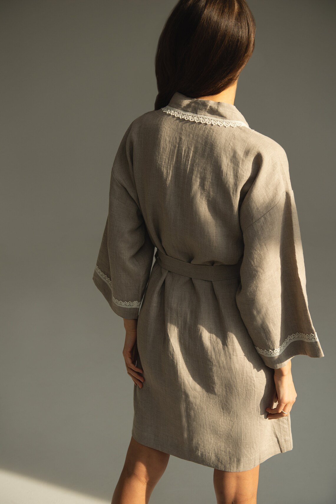 Linen Bath Robe Natural Genova / Night Robe Short Laced/ Flax - Etsy