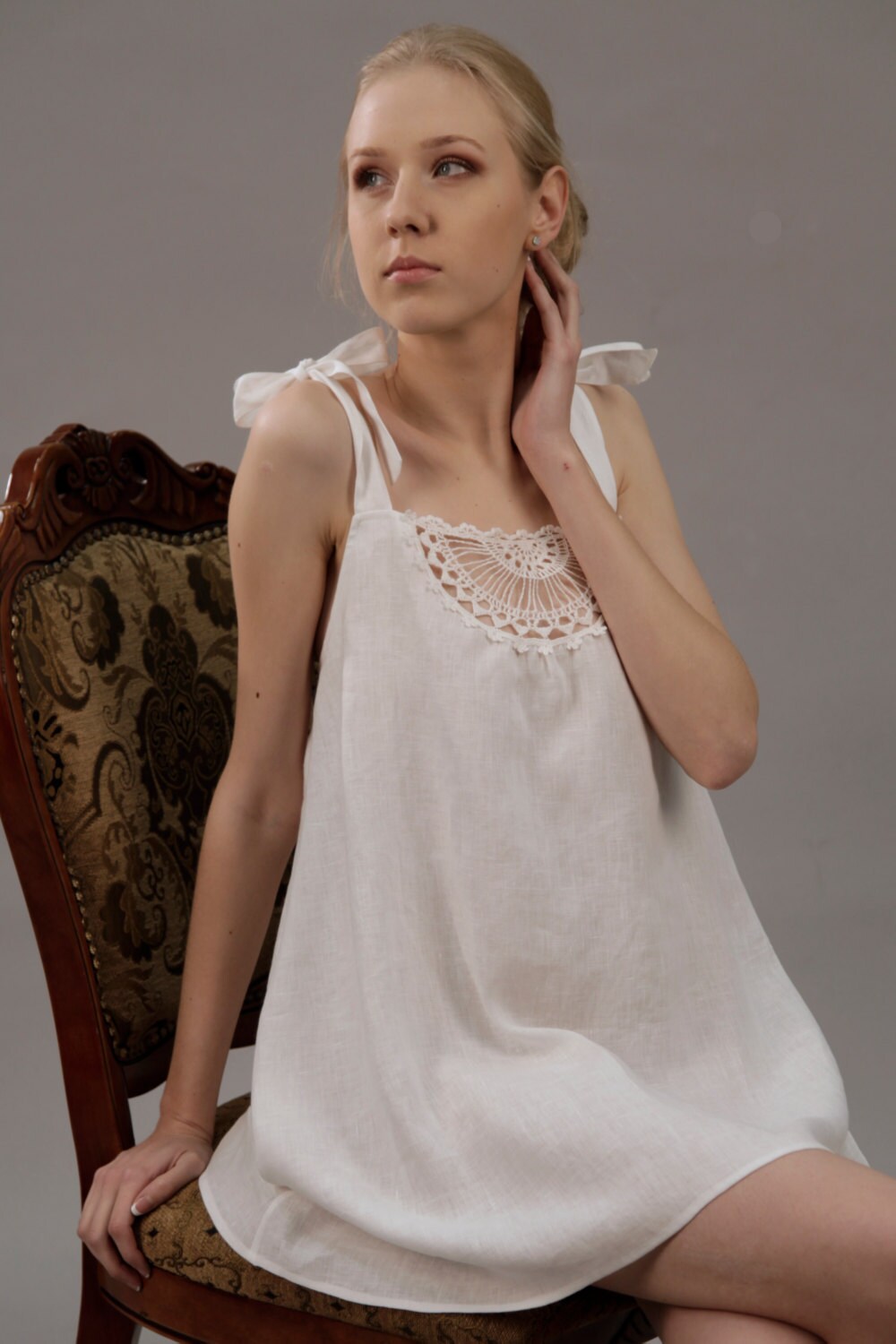 Linen Short Night Gown SUNNY/ Night Dress Linen With Crochet - Etsy