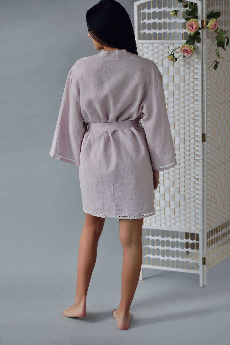 Linen Short Bath Robe Organic MONA / Night Gown Laced on | Etsy