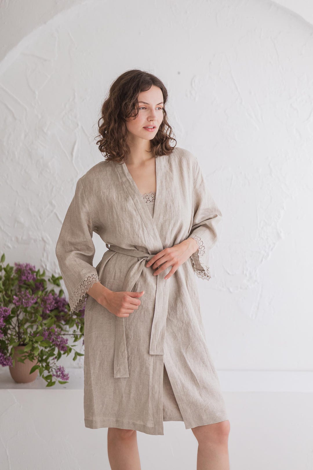 Lace Sleeve Linen Robe ALMA: Natural Midi Dressing Gown - Etsy