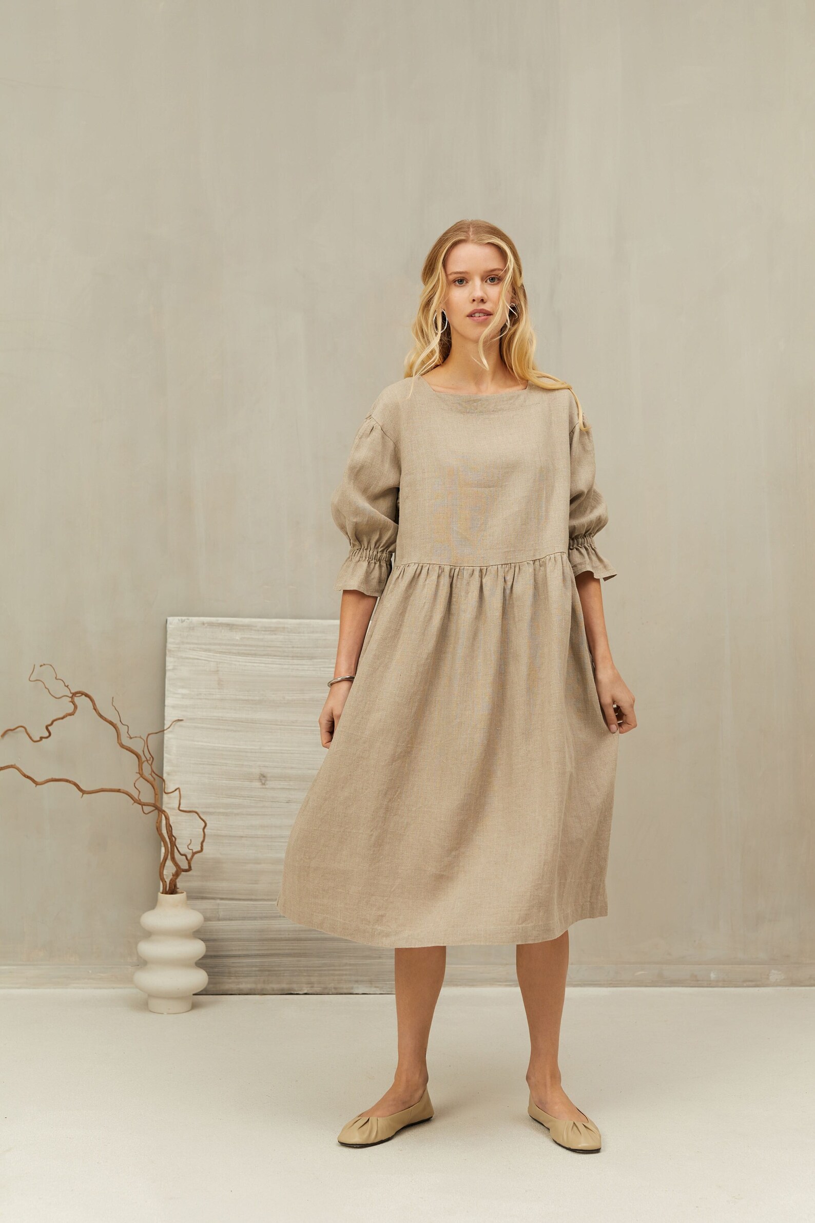 Linen Smock Dress SCARLET Maxi Length. Voluminous Dress With Ruffle ...