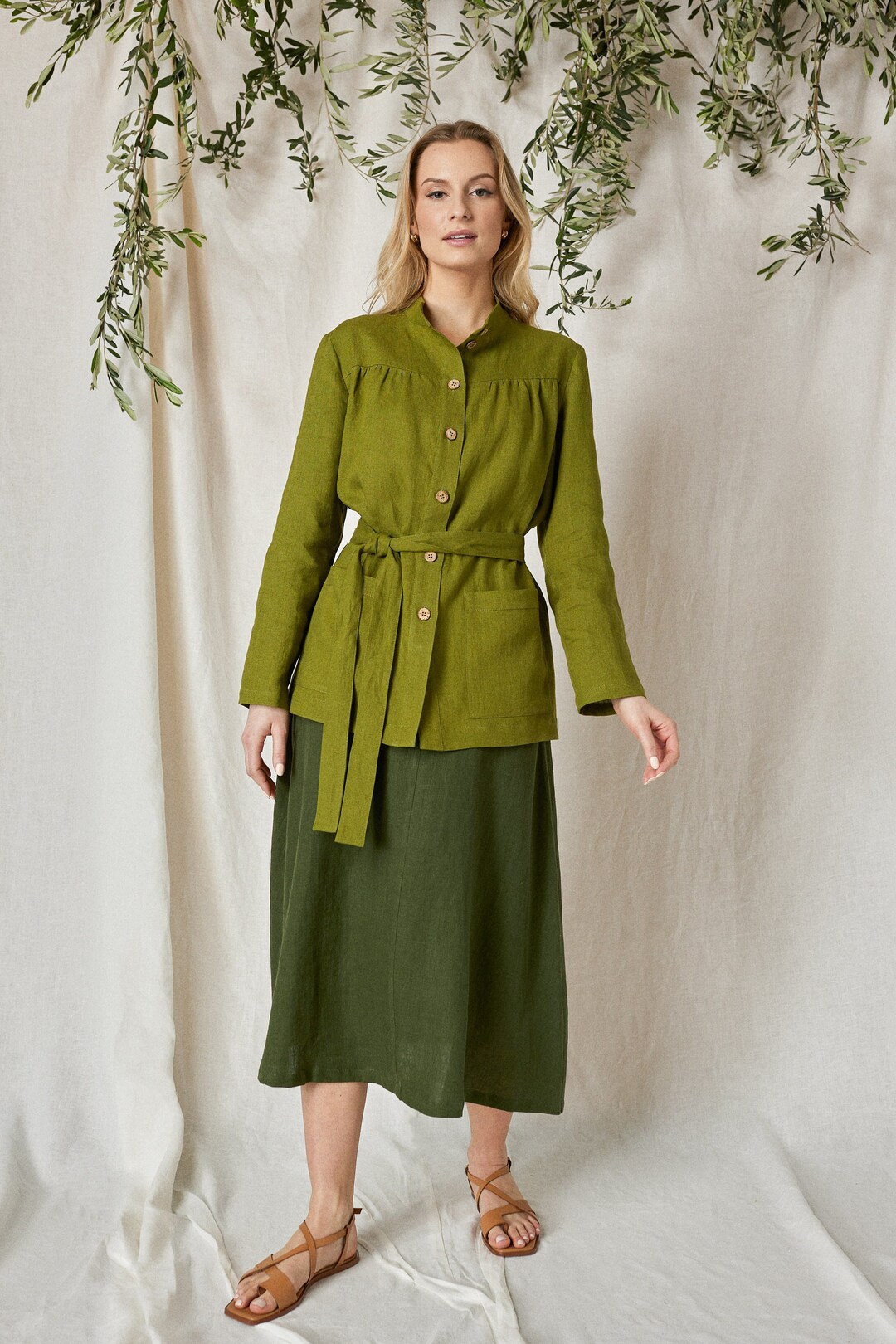 Linen Safari Jacket LIBERTY in Green. Vintage Natural Blazer With Yokes ...